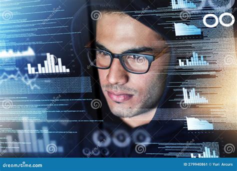 Data Digital Overlay And Man Hacker Or Programmer In Night Hacking