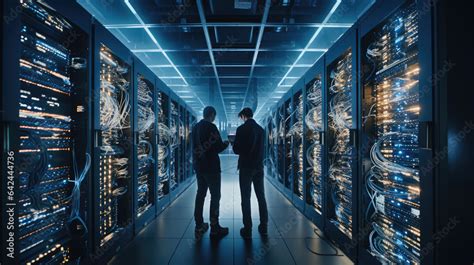 Technicians Monitoring Server Racks And Network Infrastructure In A