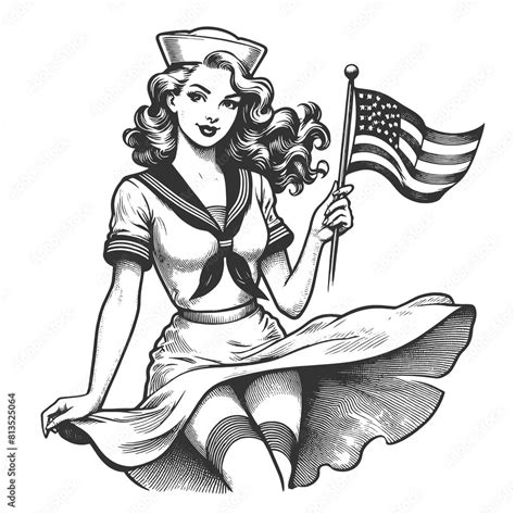 Pin Up Sailor Girl Holding An American Flag Patriotic And Nostalgic