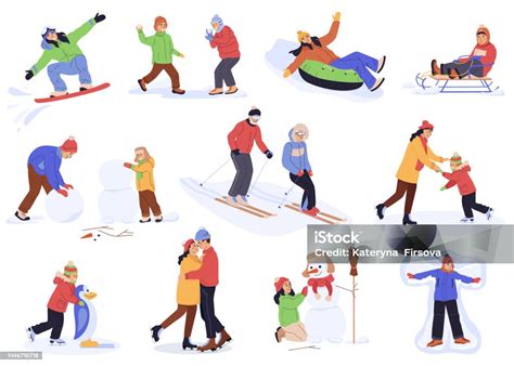 고립 된 겨울 스포츠 레저 활동 만화 캐릭터의 집합입니다 남녀 어른과 어린이 스키 아이스 스케이팅 스노우 보드 눈사람 만들기 평면 벡터 그림 겨울에 대한 스톡 벡터 아트 및