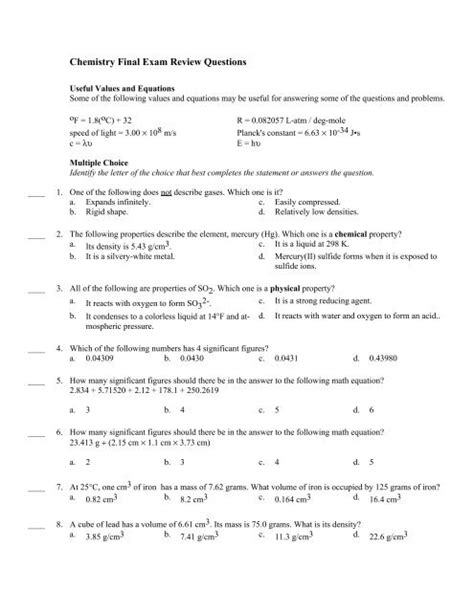 chemistry final exam review questions