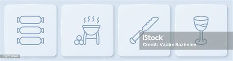 세트 라인 소시지 빵 칼 바베큐 그릴 와인 잔 흰색 정사각형 버튼 벡터 고기에 대한 스톡 벡터 아트 및 기타 이미지 고기 구이 굽기 Istock