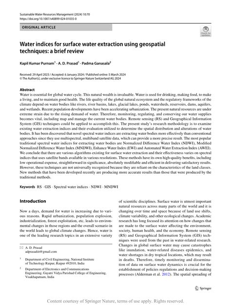 Water Indices For Surface Water Extraction Using Geospatial Techniques A Brief Review