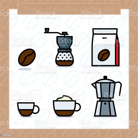 바리 스타 커피 색된 아이콘 설정 및 벡터 일러스트 레이 션1 색의 종류 디자인에 대한 스톡 벡터 아트 및 기타 이미지 디자인 라떼 레스토랑 Istock