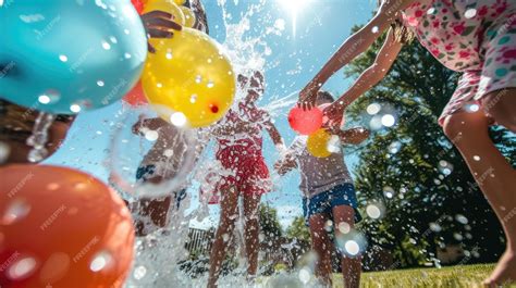 Niños Felices Teniendo Una Divertida Fiesta De Globos De Agua En El