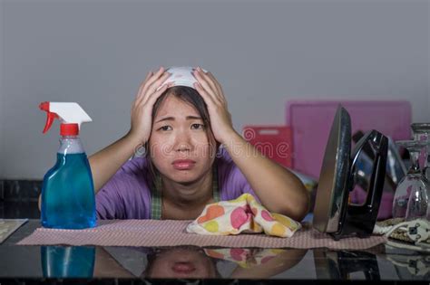 Young Pretty Overworked And Stressed Asian Korean Service Maid Woman Working Domestic Cleaning