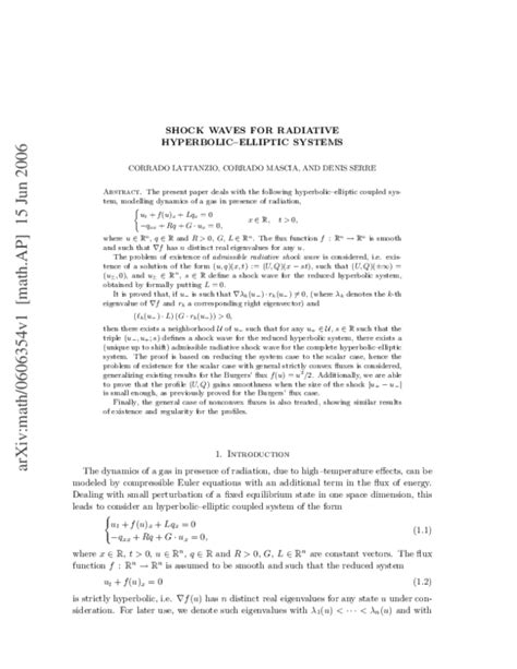 Pdf Shock Waves For Radiative Hyperbolic Elliptic Systems