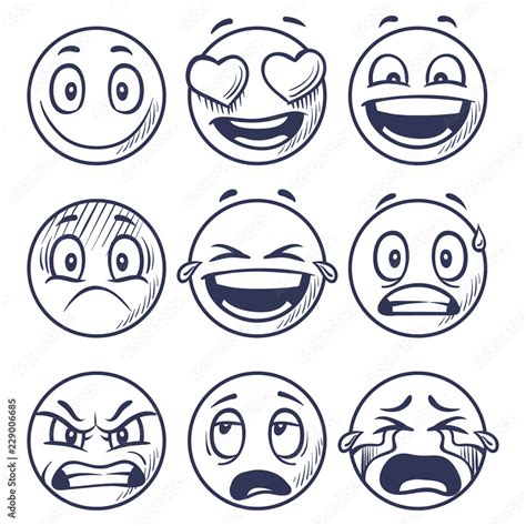 Sketch Smiles Doodle Smiley In Different Emotions Hand Drawn Smiling Faces Emoticons Vector