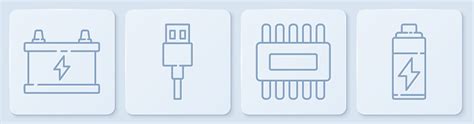 설정 라인 자동차 배터리 마이크로 회로 Cpu 프로세서 Usb 케이블 코드 및 배터리 흰색 사각형 버튼입니다 벡터 Usb