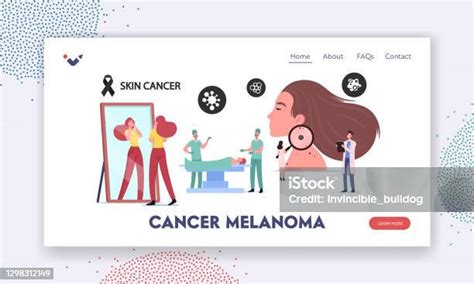 피부암 랜딩 페이지 템플릿 작은 의사 종양 전문의 캐릭터는 거대한 돋보기 수술로 여성 두더지 검사 사람 얼굴에 대한 스톡 벡터