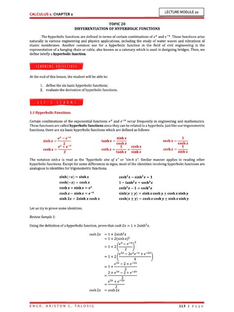 Module 20 Differentiation Of Hyperbolic Functions Pdf
