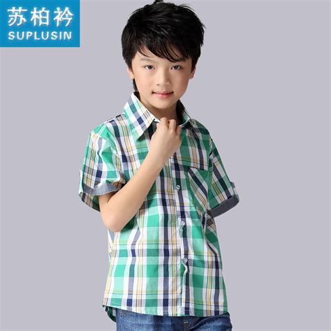 Suplusin苏柏衿童装 男童夏装短袖衬衫 男中童纯棉翻领格子衬衫紫色泡泡20100
