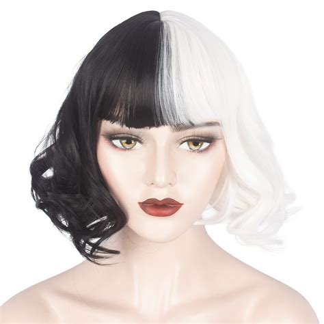 Weken Black And White Wig For Girls Short Wavy Half Black Half White