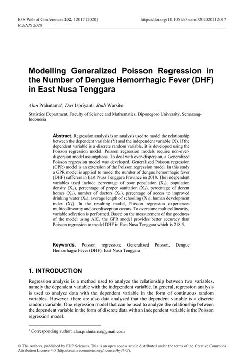 Pdf Modelling Generalized Poisson Regression In The Number Of Dengue Hemorrhagic Fever Dhf