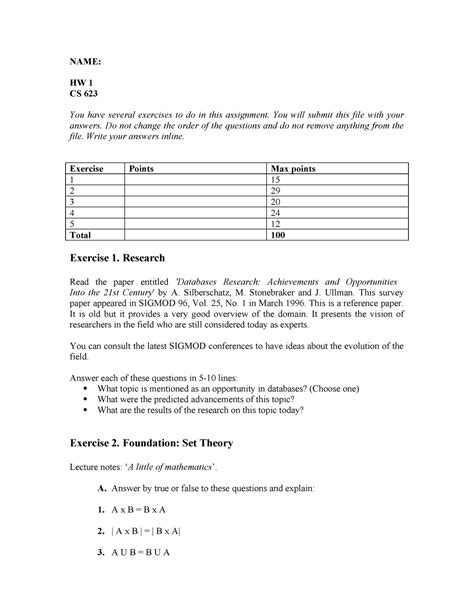 CS623HW1 Assignment Reference NAME HW 1 CS 623 You Have Several Exercises To Do In This