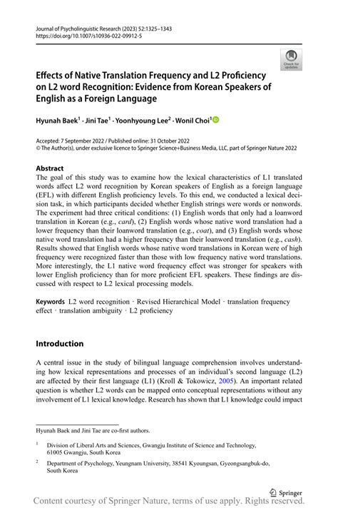 Effects Of Native Translation Frequency And L2 Proficiency On L2 Word Recognition Evidence From