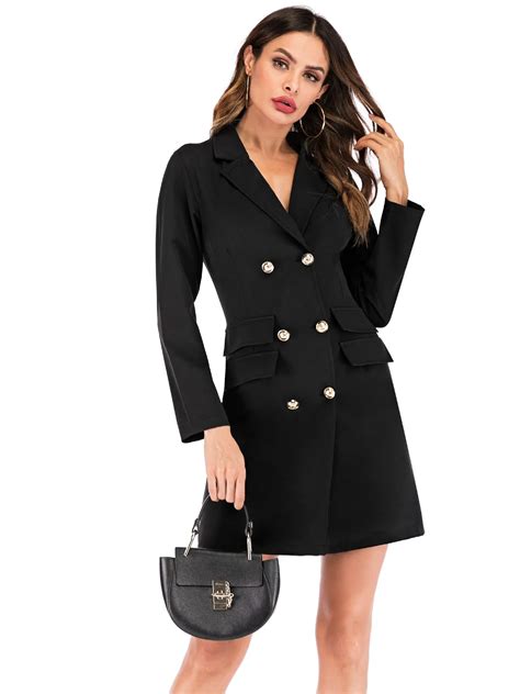 2019 Black And White Notched Double Breasted Blazer Dress Winter Spring