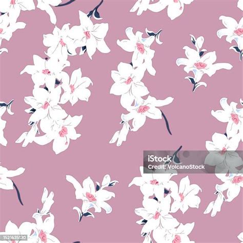 복고풍 꽃이 있는 벡터 매끄러운 꽃 패턴 분홍색 배경에 백합과 난초가 있는 벽지 벡터 그림 0명에 대한 스톡 벡터 아트 및 기타 이미지 Istock