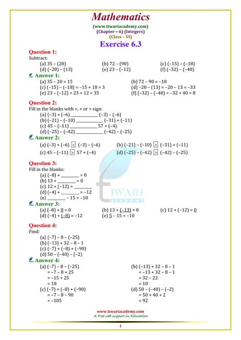 Integers Ncert Solutions For Class 6 Maths