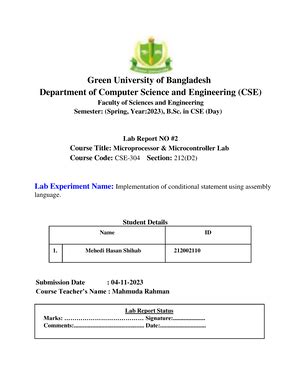 CSE 304 LABReport 2 Lab Report Green University Of Bangladesh