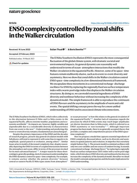 Enso Complexity Controlled By Zonal Shifts In The Walker Circulation Request Pdf
