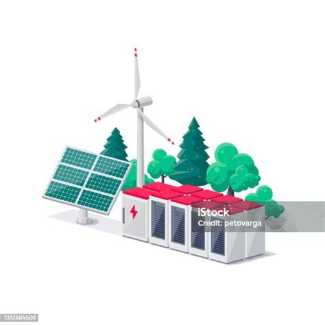 태양풍 및 배터리 저장을 갖춘 신재생 에너지 스마트 그리드 발전소 마이크로그리드에 대한 스톡 벡터 아트 및 기타 이미지 마이크로그리드 태양 에너지 배터리 전원