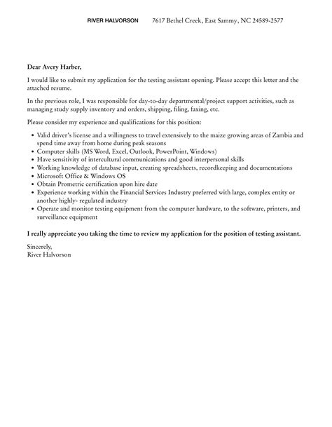 Testing Assistant Cover Letter Velvet Jobs