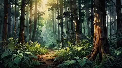 Watercolor Painting Plants Competing For Sunlight In A Dense Forest