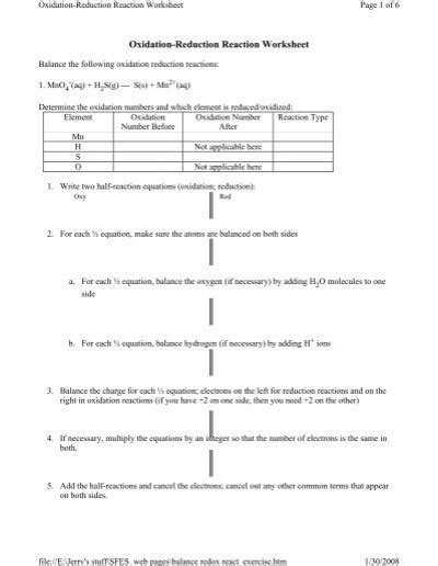 Oxidation Reduction Reaction Worksheet