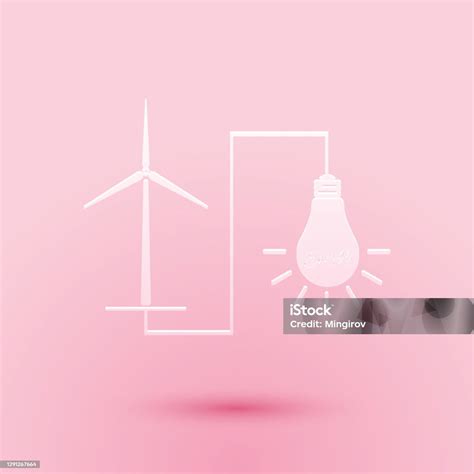 종이 절단 풍력 발전소 터빈 생성 전력 에너지와 전구 아이콘 분홍색 배경에 격리 풍공장을 이용한 천연 재생 에너지 생산 종이 아트 스타일 벡터 0명에 대한 스톡 벡터 아트