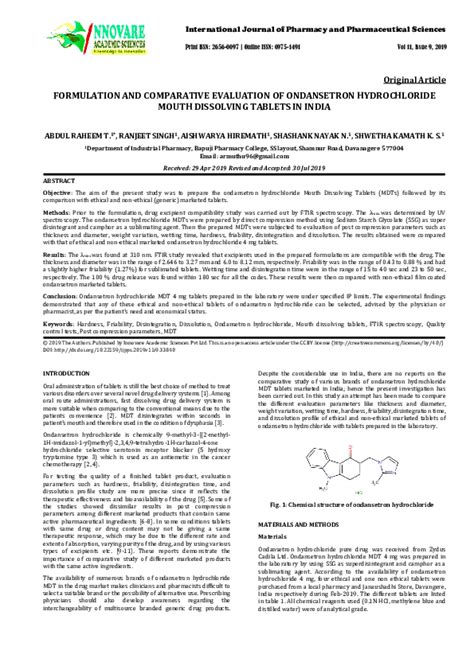 Pdf Formulation And Comparative Evaluation Of Ondansetron Hydrochloride Mouth Dissolving