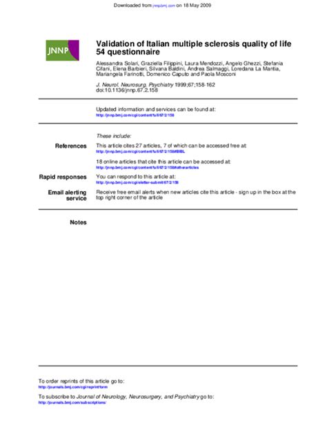Pdf Validation Of Italian Multiple Sclerosis Quality Of Life 54 Questionnaire