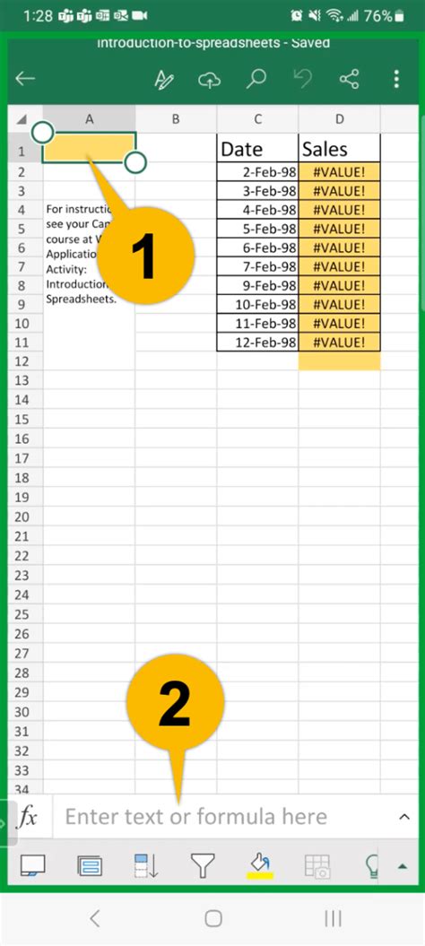 enter text or numbers excel android app