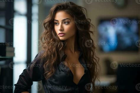 Beautiful Brunette Woman With Long Hair Posing In An Office Generative