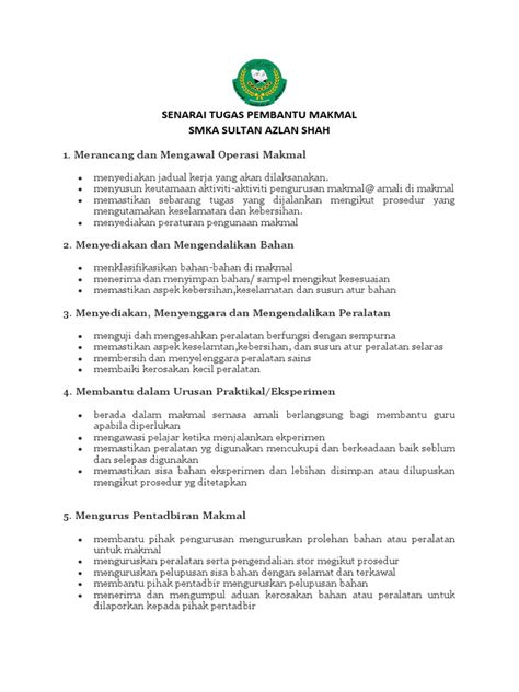 Senarai Tugas Pembantu Makmal Pdf