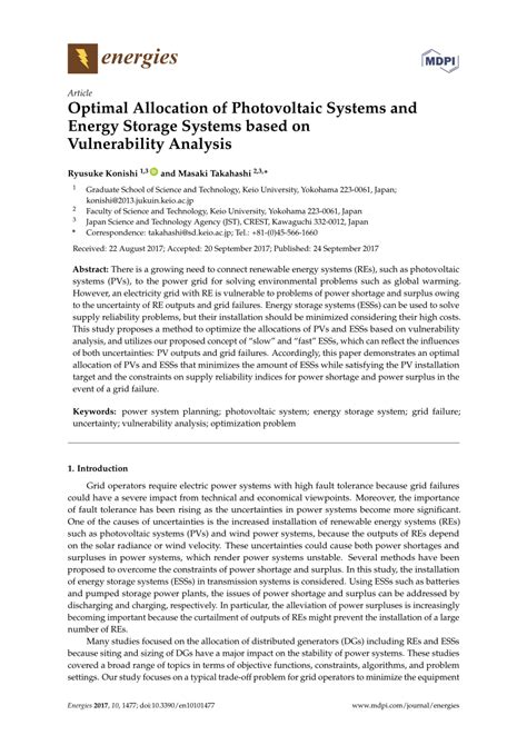 Pdf Optimal Allocation Of Photovoltaic Systems And Energy Storage