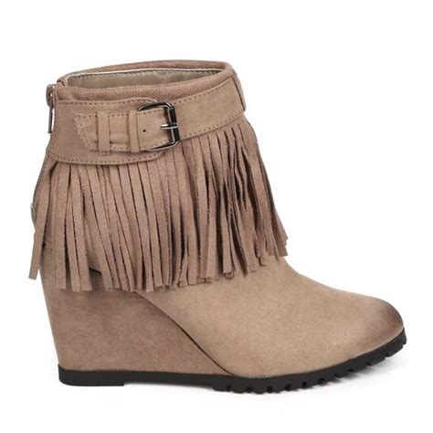 Qupid Shoes Qupid Almond Toe Fringe Cuff Buckle Vegan Suede Lugged Sole Wedge Taupe Booties