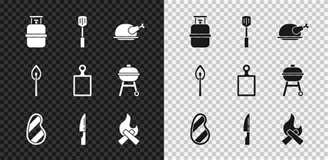 프로판 가스 탱크 바베큐 주걱 구운 칠면조 또는 닭고기 스테이크 고기 칼 캠프 파이어 굽기 와 도마 아이콘을 설정합니다 벡터