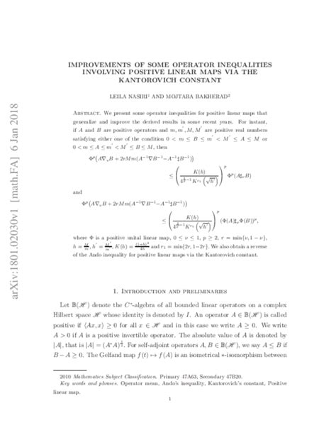 Pdf Improvements Of Some Operator Inequalities Involving Positive Linear Maps Via The