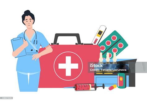 간호사는 구급 상자 주사기 체온계 알약 및 좌약 근처에 클립보드를 들고 있습니다 응급 서비스 건강 개선 원격 의료 및 의료 진단 개념 벡터 일러스트 레이 션 간호사에 대한