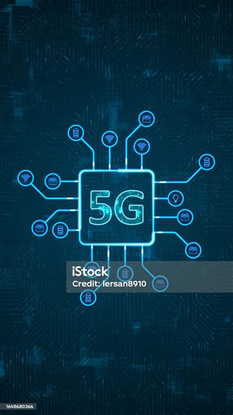 파란색 디지털 5g 로고와 기술 아이콘이 있는 미래형 Hud 기술 회로 기판 및 연결 생성과 함께 추상적인 배경에 데이터 전송 인공지능에 대한 스톡 사진 및 기타 이미지