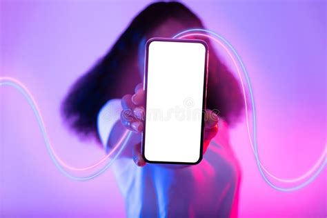 Unrecognizable Black Woman Hiding Behind Phone With Blank Screen Mockup Stock Image Image Of