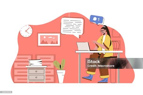 미디어 공간 개념 소셜 네트워크 상황에서 친구들과 채팅하는 여성 온라인 통신 사이버 공간 사람들 장면 웹 사이트 및 모바일 사이트에 대한 평면 문자 디자인벡터 일러스트레이션