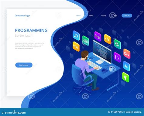 Isometric Developing Programming And Coding Technologies Website Design Stock Vector
