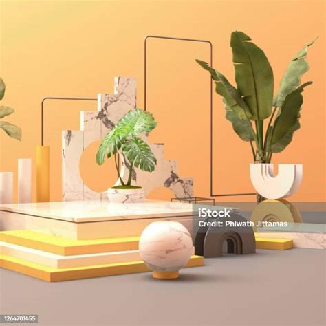 기하학적 모양이 있는 3d 렌더링 된 그림입니다 제품 프레젠테이션을 위한 파스텔 색상 플랫폼 열대 식물 잎 나무 냄비 현대