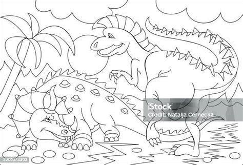 색칠을 위한 흑백 페이지 두 개의 재미있는 공룡의 판타지 그림 어린이와 성인을 위한 워크시트 벡터 이미지입니다 0명에 대한 스톡 벡터 아트 및 기타 이미지 Istock