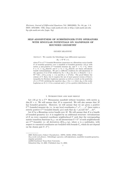 Pdf Self Adjointness Of Schrodinger Type Operators With Singular Potentials On Manifolds Of