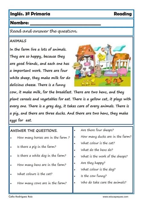 Reading and writing Fichas de Inglés para Tercero Primaria