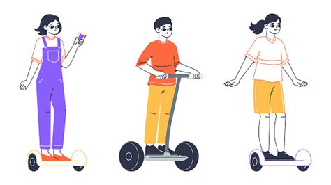전기 자이로 스쿠터를 타는 사람들 에코 운송 남자와 여자는 흰색 배경에 친환경 교통 평면 벡터 그림을 타고 타기에 대한 스톡