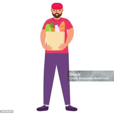 배달원이 식료품 종이 봉지를 들고 있다 음식 배달 서비스 벡터 플랫 그림입니다 가득 찬에 대한 스톡 벡터 아트 및 기타 이미지 가득 찬 가방 건강한 생활방식 Istock